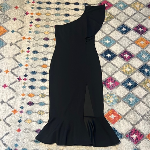 Dresses | Medium Black One Shoulder Midi Dress Stretchy Material Left ...